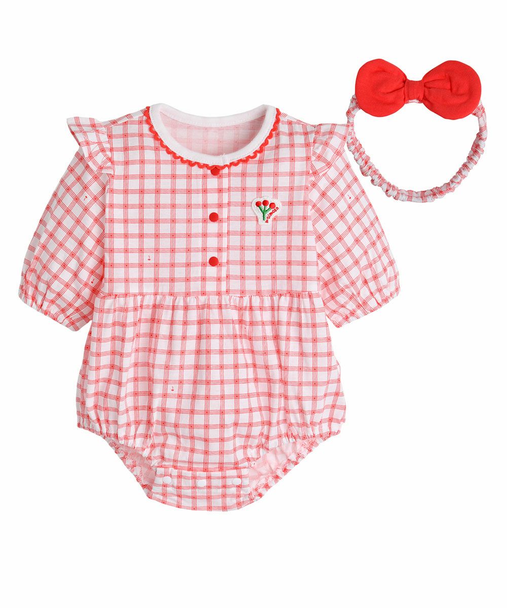 【2点セット】レッドチェック7分袖ロンパース＆ヘアバンド | おしゃれな子供服 moimoln（モイモルン） 公式Online Store